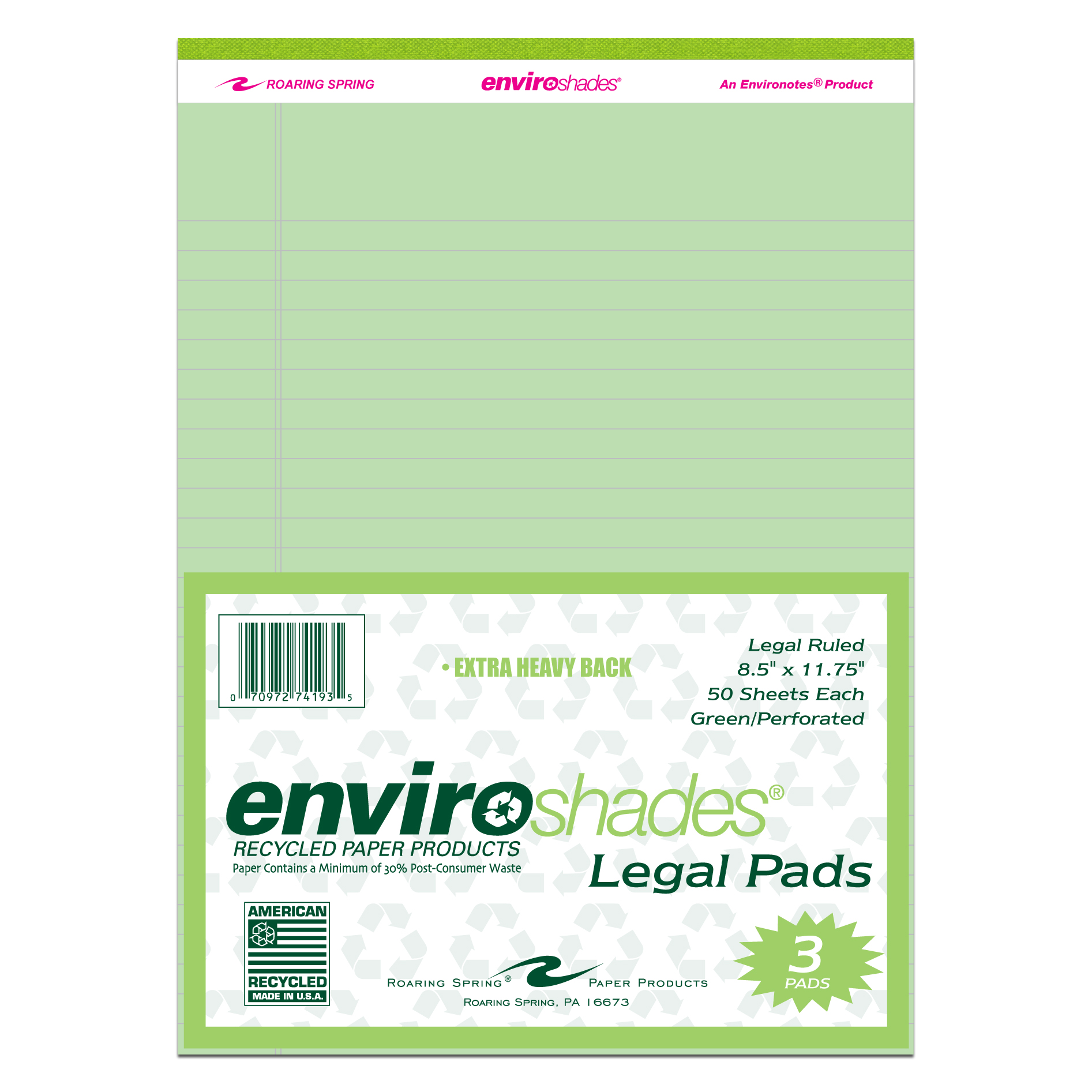 ENVIROSHADES 8.5X11.75 LEGAL 3/PK GREEN | Legal Pads | Roaring Spring ...