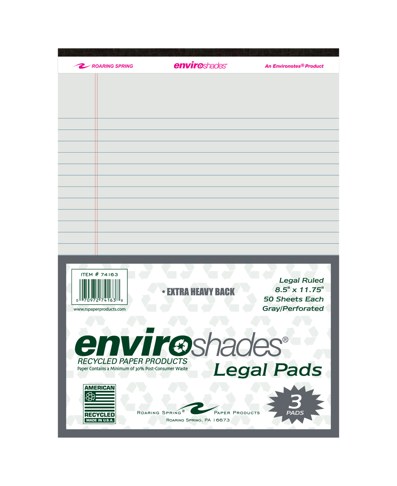 Roaring Spring Enviroshades Recycled Legal Pads, 3 Pack, 8.5" x 11.75 ...